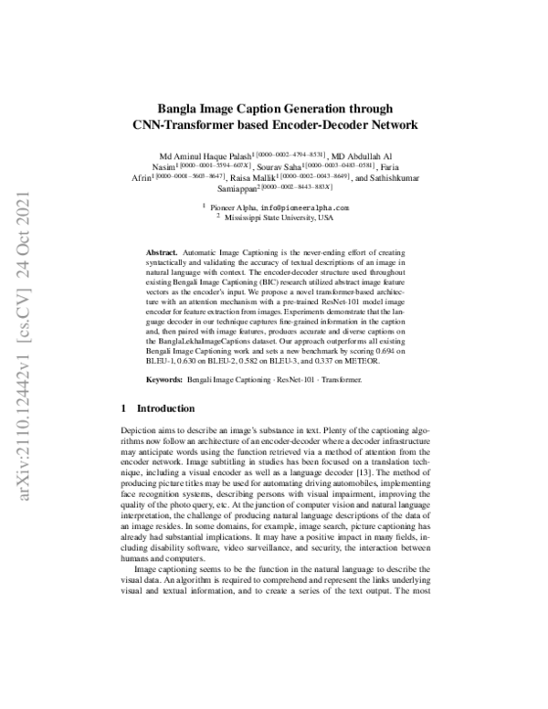 Pdf Bangla Image Caption Generation Through Cnn Transformer Based Encoder Decoder Network