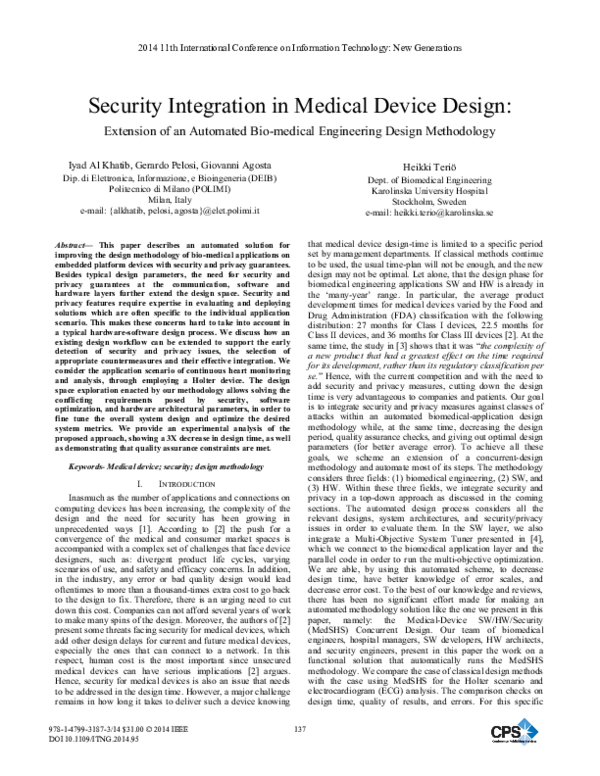 (PDF) Security Integration in Medical Device Design: Extension of an Automated Bio-Medical ...