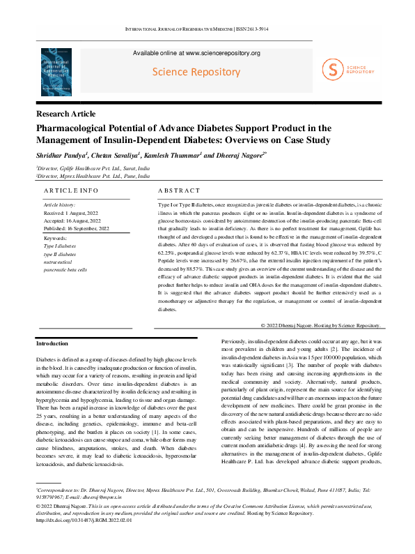 (PDF) Pharmacological Potential of Advance Diabetes Support Product in ...