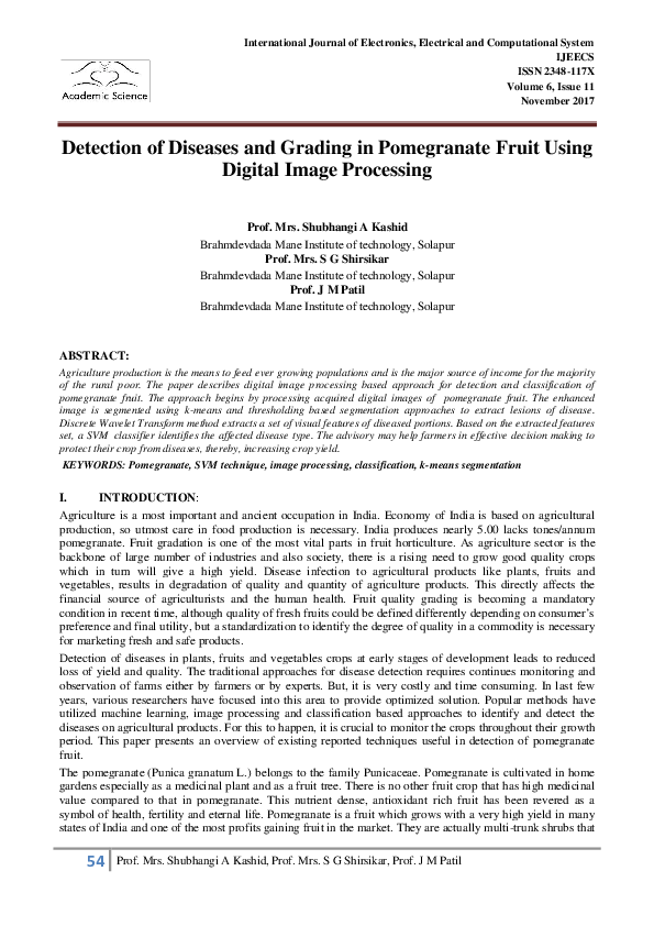 (PDF) Detection of Diseases and Grading in Pomegranate Fruit Using Digital Image Processing
