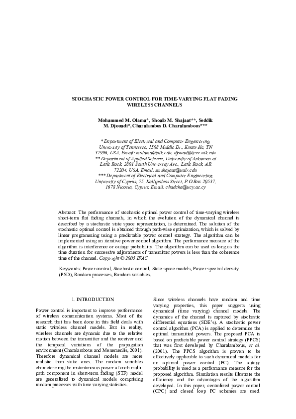 (PDF) Stochastic power control for time-varying lognormal fading wireless channels