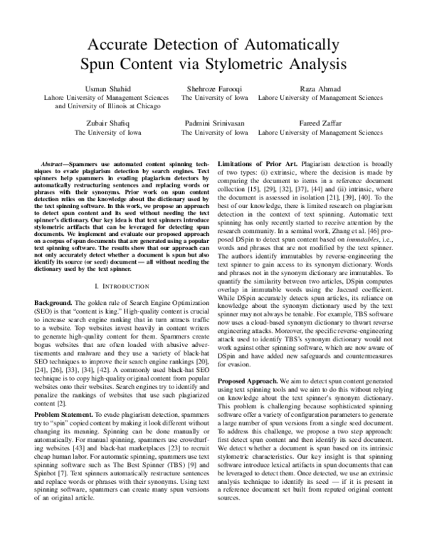 (PDF) Accurate Detection of Automatically Spun Content via Stylometric Analysis