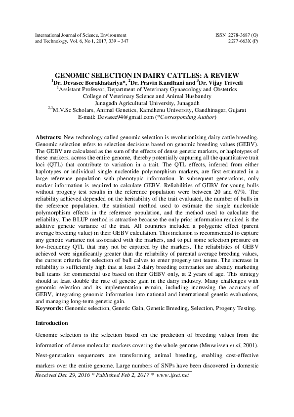 Pdf Genomic Selection In Dairy Cattles A Review 1