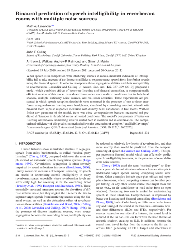 (PDF) Binaural Speech Intelligibility in Reverberant Environments