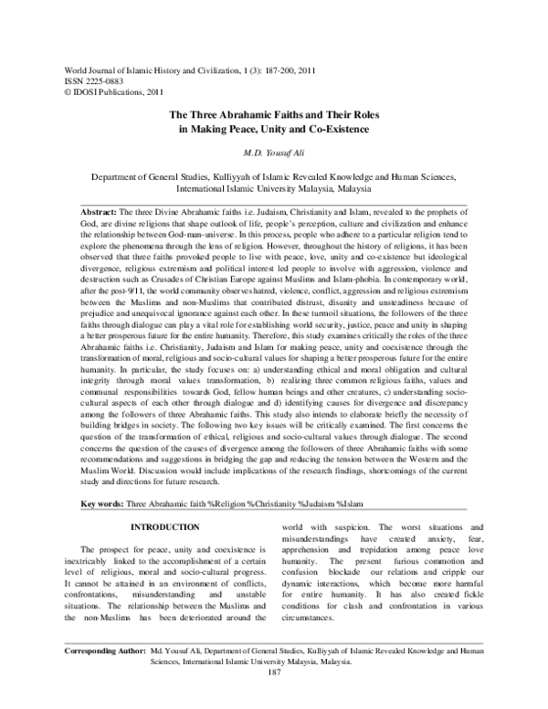 (PDF) The Three Abrahamic Faiths and Their Roles in Making Peace, Unity ...