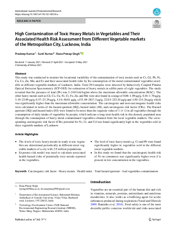 (PDF) High Contamination of Toxic Heavy Metals in Vegetables and Their ...