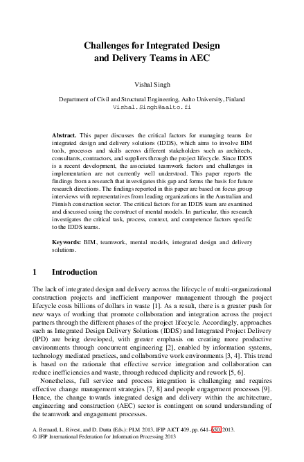 (PDF) Challenges for Integrated Design and Delivery Teams in AEC