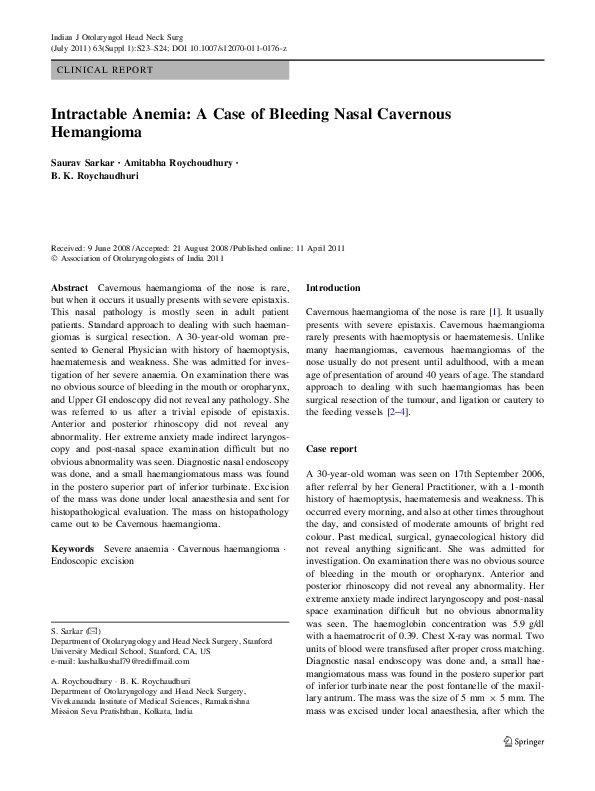 (PDF) Intractable Anemia: A Case of Bleeding Nasal Cavernous Hemangioma