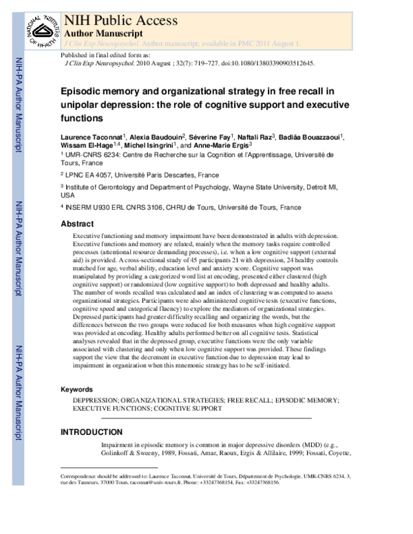 (PDF) Episodic memory and organizational strategy in free recall in ...