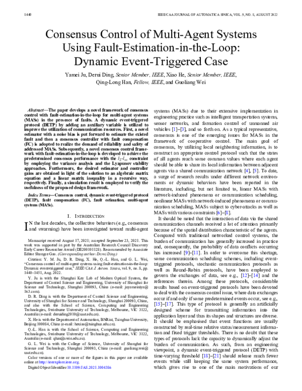 Pdf Consensus Control Of Multi Agent Systems Using Fault Estimation In The Loop Dynamic Event