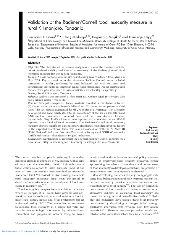 (PDF) Validation of the Radimer/Cornell food insecurity measure in ...
