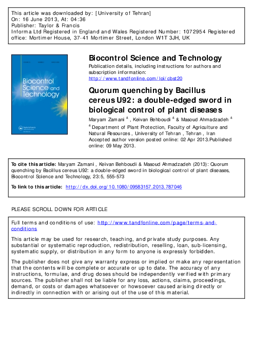 (PDF) Quorum quenching byBacillus cereusU92: a double-edged sword in ...