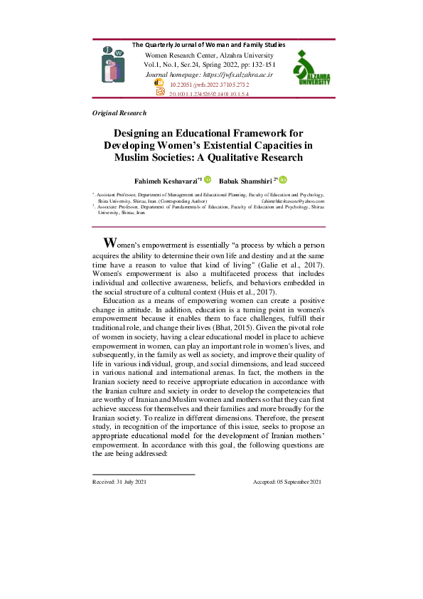 (PDF) Designing an Educational Framework for Developing Women's Existential Capacities in Muslim ...