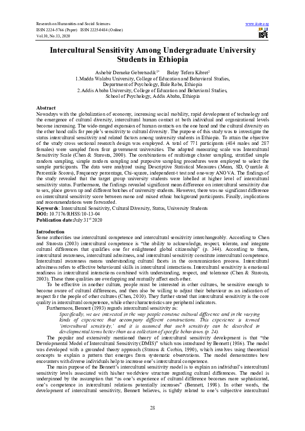 (PDF) Intercultural Sensitivity Among Undergraduate University Students in Ethiopia