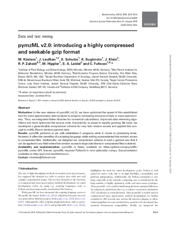 (PDF) pymzML v2.0: introducing a highly compressed and seekable gzip format