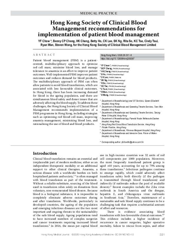 (PDF) Hong Kong Society of Clinical Blood Management recommendations ...