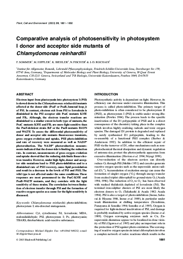 (PDF) Comparative analysis of photosensitivity in photosystem I donor ...
