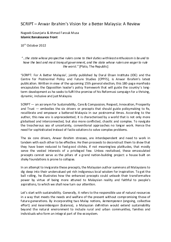 (DOC) SCRIPT -Anwar Ibrahim's Vision for a Better Malaysia: A Review