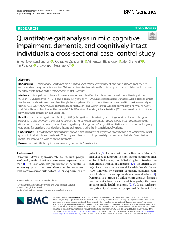 (PDF) Quantitative gait analysis in mild cognitive impairment, dementia, and cognitively intact ...