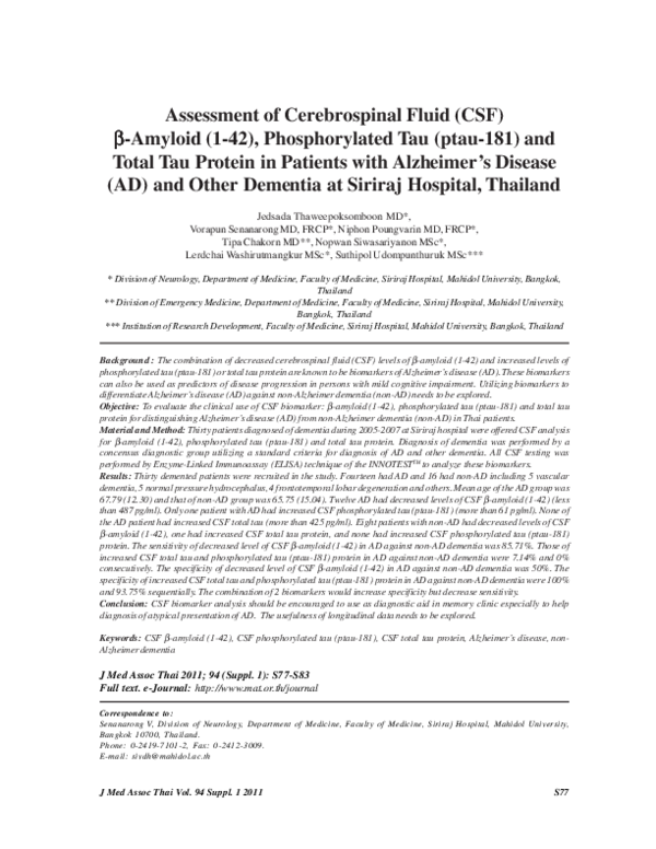 (PDF) Assessment of cerebrospinal fluid (CSF) beta-amyloid (1-42), phosphorylated tau (ptau-181 ...