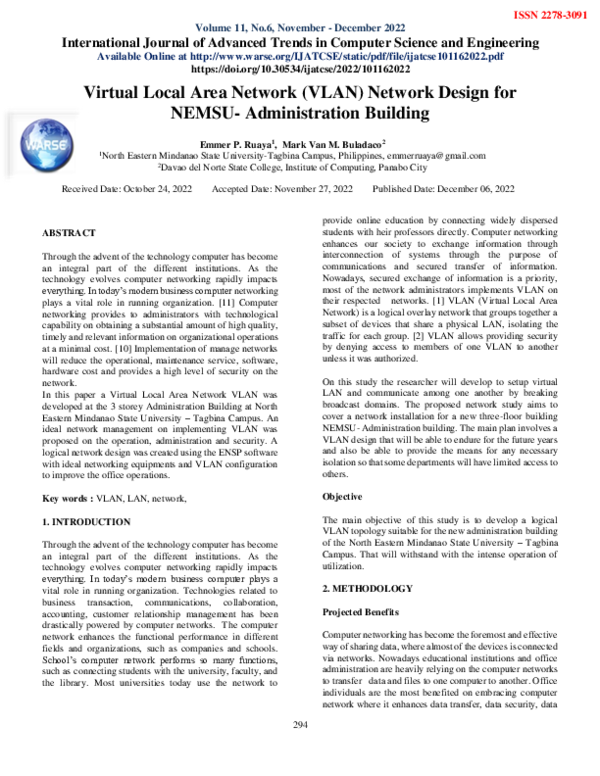 (PDF) Virtual Local Area Network (VLAN) Network Design for NEMSU- Administration Building