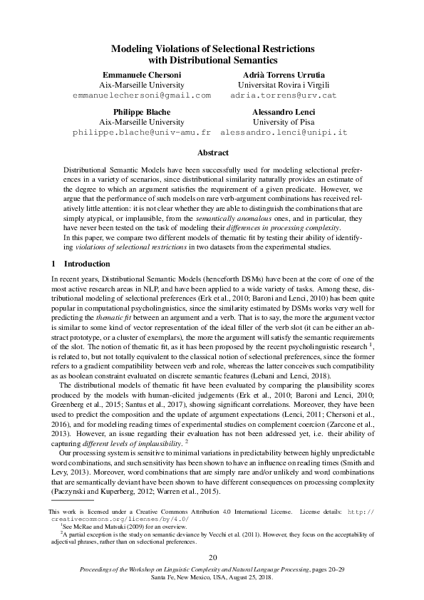 (PDF) Modeling Violations of Selectional Restrictions with Distributional Semantics | Emmanuele ...