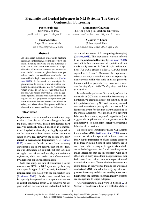 (PDF) Pragmatic and Logical Inferences in NLI Systems: The Case of Conjunction Buttressing