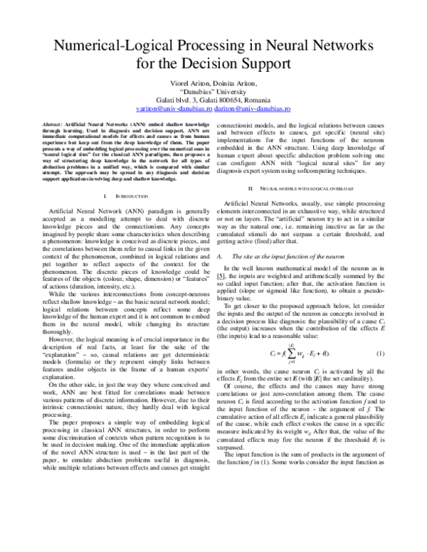 (PDF) Numerical-logical processing in Neural Networks for the decision support