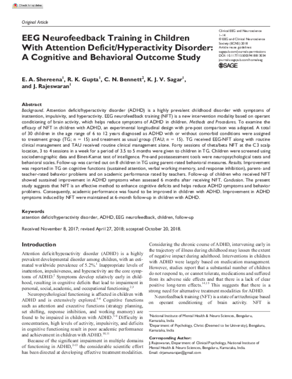 (PDF) EEG Neurofeedback Training in Children With Attention Deficit/Hyperactivity Disorder: A ...