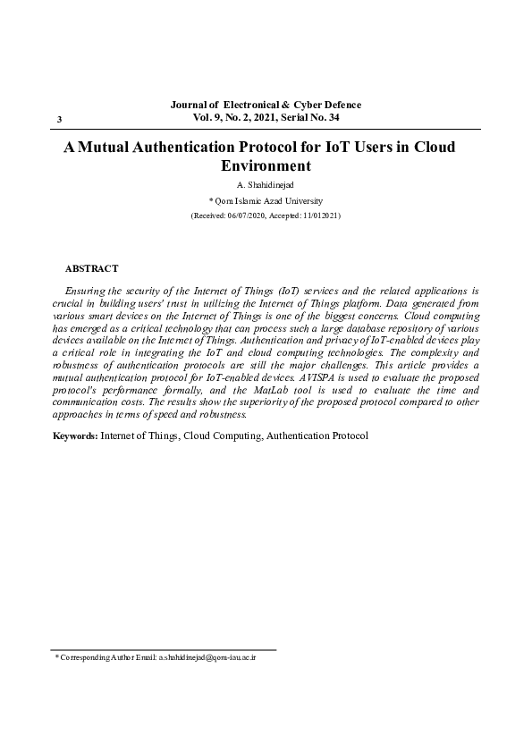 Pdf A Mutual Authentication Protocol For Iot Users In Cloud