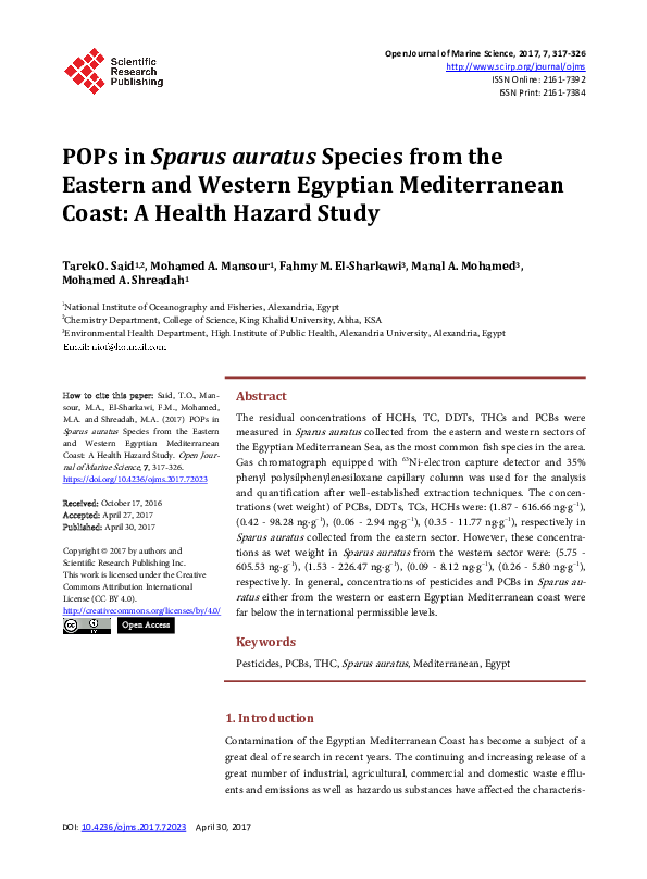 (PDF) POPs in Sparus auratus Species from the Eastern and Western ...