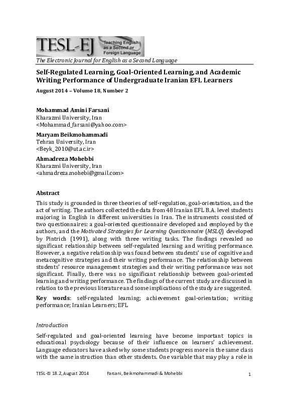 Pdf Self ­‐regulated Learning Goal ­‐oriented Learning And Academic Writing Performance Of