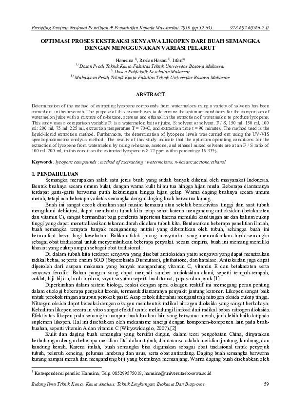 (PDF) Optimasi Proses Ekstraksi Senyawa Likopen Dari Buah Semangka Dengan Menggunakan Variasi ...
