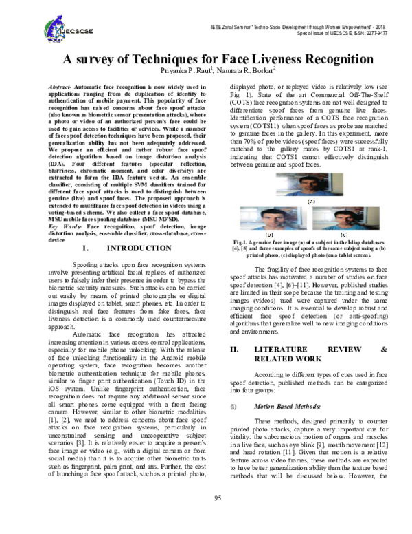 (PDF) A survey of Techniques for Face Liveness Recognition