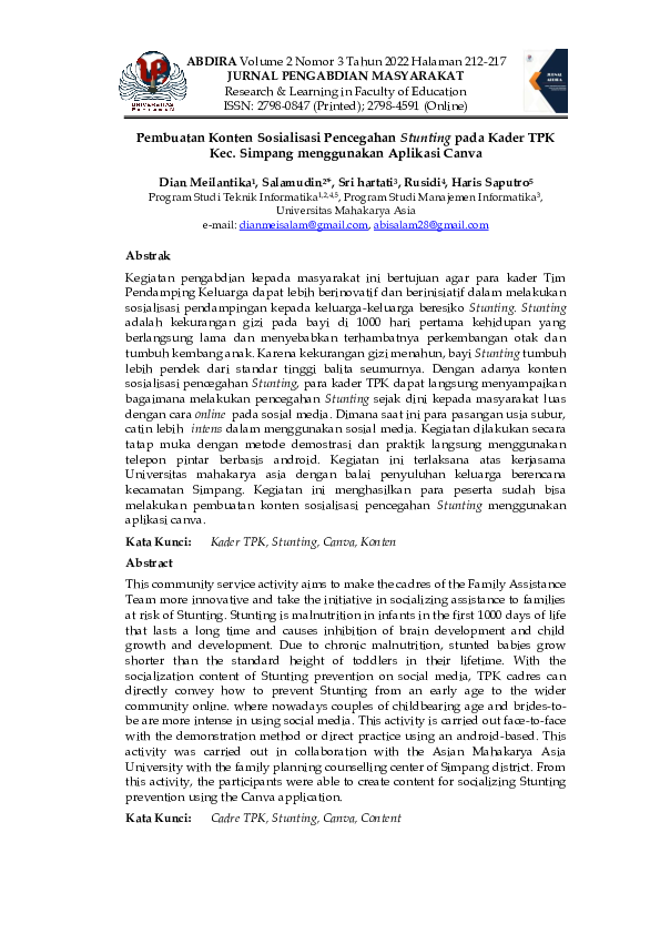 (PDF) Pembuatan Konten Sosialisasi Pencegahan Stunting pada Kader TPK Kec. Simpang menggunakan ...