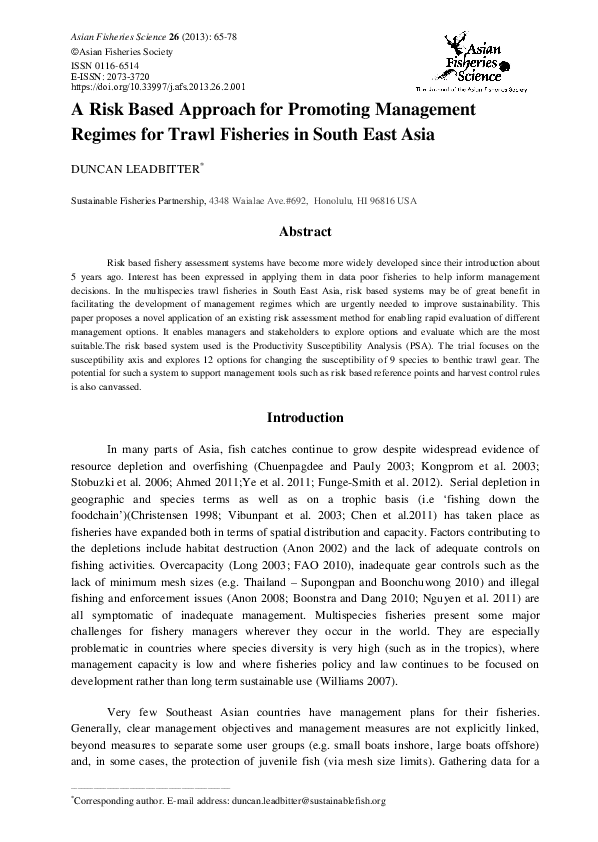 (PDF) A Risk Based Approach for Promoting Management Regimes for Trawl ...