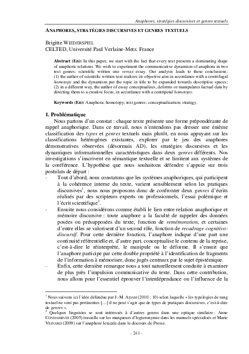 (PDF) Anaphores, stratégies discursives et genres textuels