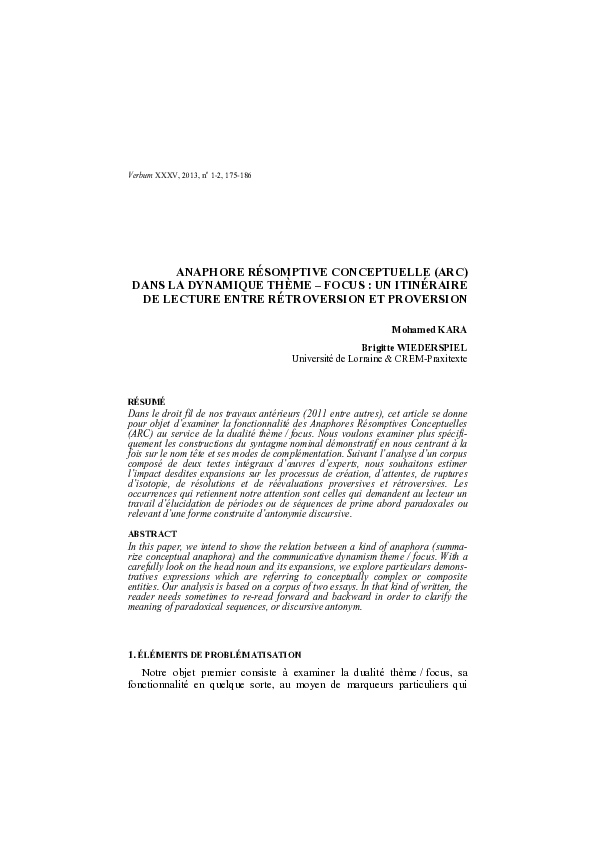 (PDF) Anaphore résomptive conceptuelle (ARC) dans la dynamique thème ...