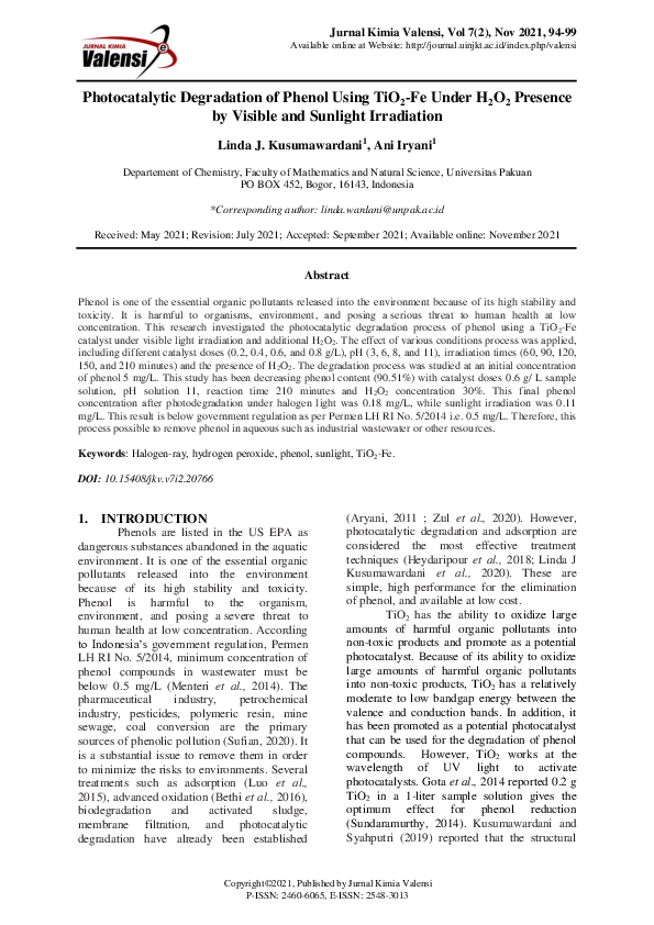 (PDF) Photocataytic Degradation of Phenol Using TiO2-Fe Under H2O2 ...