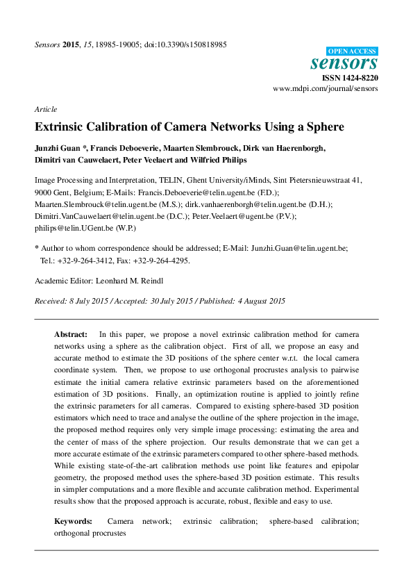 (PDF) Extrinsic Calibration of Camera Networks Using a Sphere | Peter Veelaert - Academia.edu