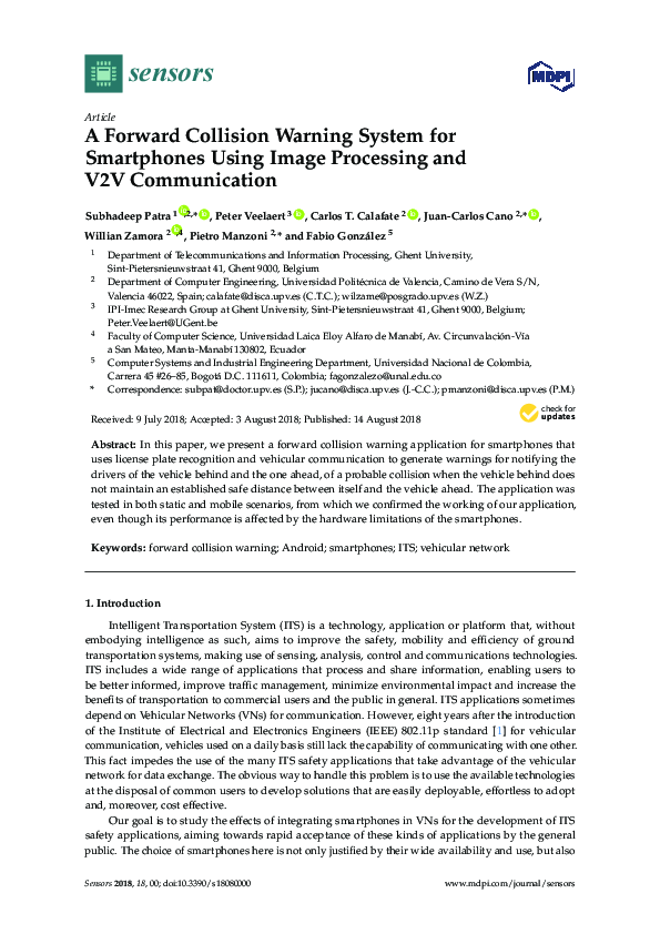 Pdf A Forward Collision Warning System For Smartphones Using Image Processing And V2v
