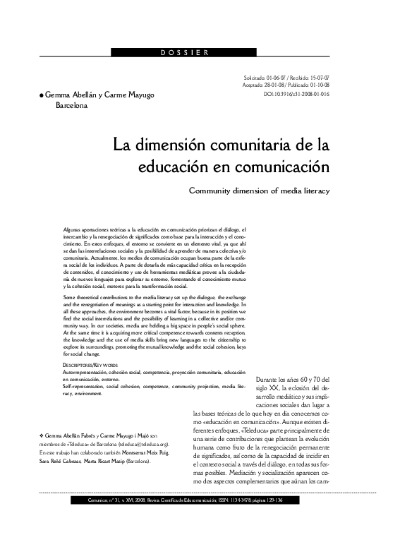 (PDF) La dimensión comunitaria de la educación en comunicación