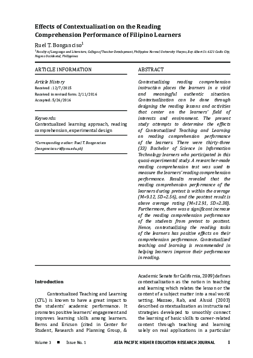Pdf Effects Of Contextualization On The Reading Comprehension Performance Of Filipino Learners