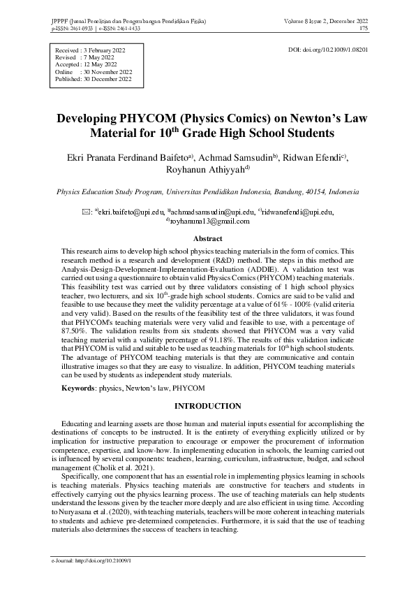 (PDF) Developing PHYCOM (Physics Comics) on Newton’s Law Material for 10th Grade High School ...