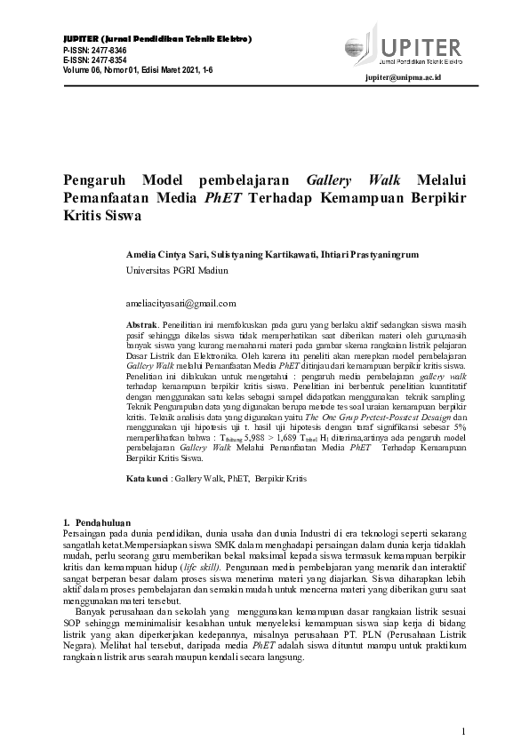 (PDF) Pengaruh Model pembelajaran Gallery Walk Melalui Pemanfaatan Media PhET Terhadap Kemampuan ...