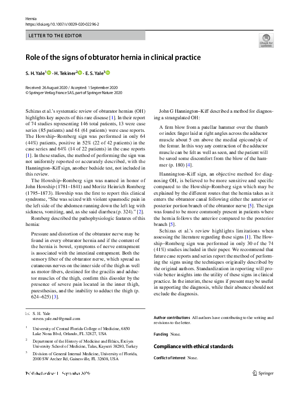 (PDF) Role of the signs of obturator hernia in clinical practice