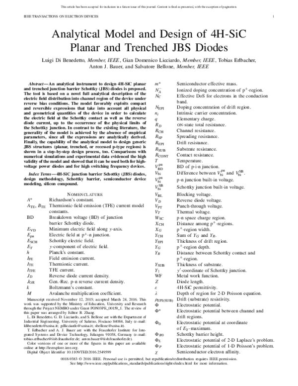 (PDF) Analytical Model and Design of 4H-SiC Planar and Trenched JBS Diodes
