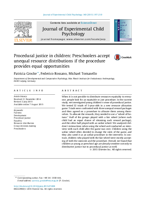(PDF) Procedural justice in children: Preschoolers accept unequal ...