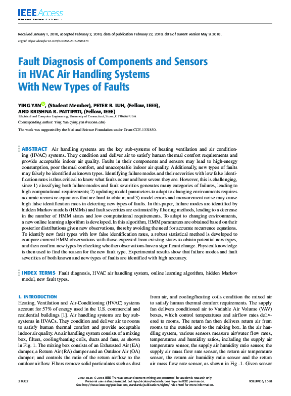 Pdf Fault Diagnosis Of Components And Sensors In Hvac Air Handling Systems With New Types Of