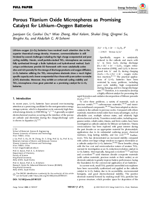 (PDF) Porous Titanium Oxide Microspheres as Promising Catalyst for Lithium–Oxygen Batteries